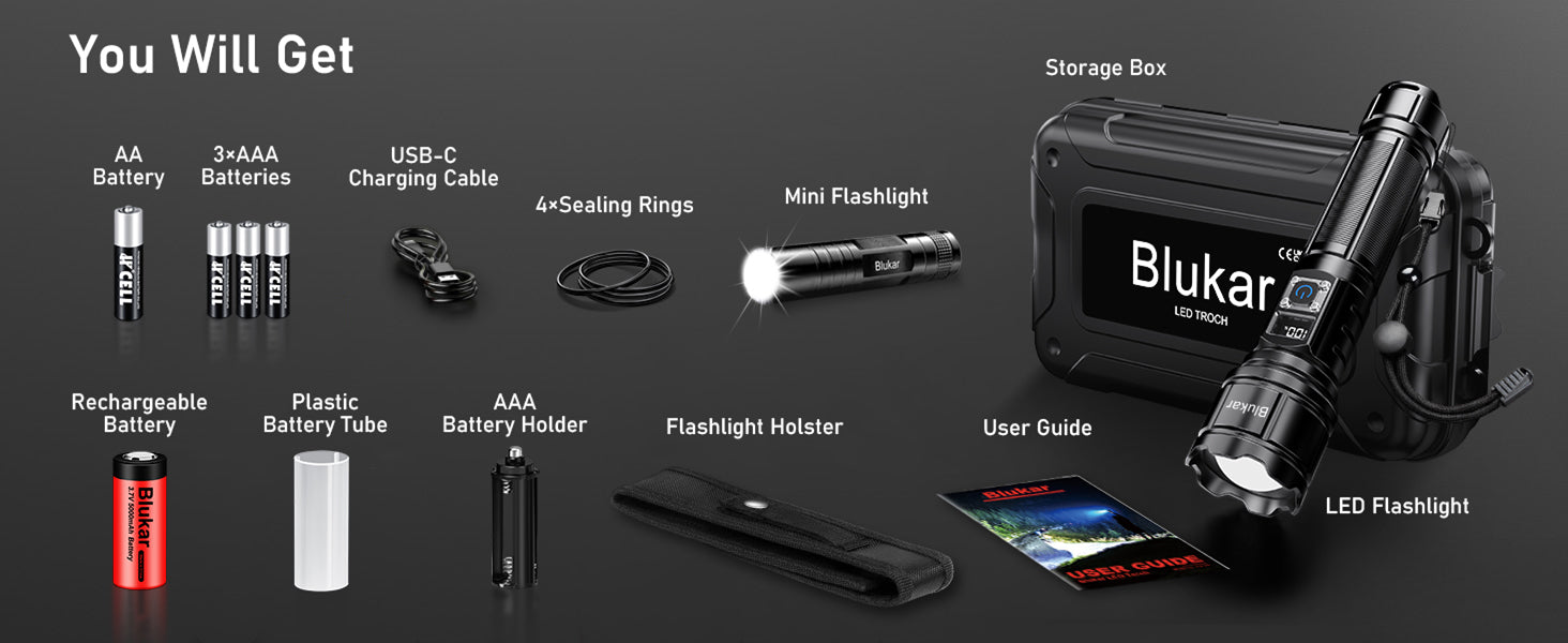 Blukar Rechargeable LED Flashlight, Super Bright, 5 Modes, 5000mAh, IP