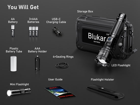Blukar Rechargeable LED Flashlight, Super Bright, 5 Modes, 5000mAh, IP