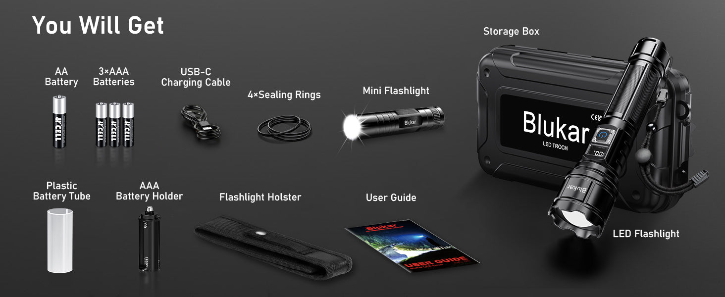 Blukar Rechargeable LED Flashlight, Super Bright, 5 Modes, 5000mAh, IP