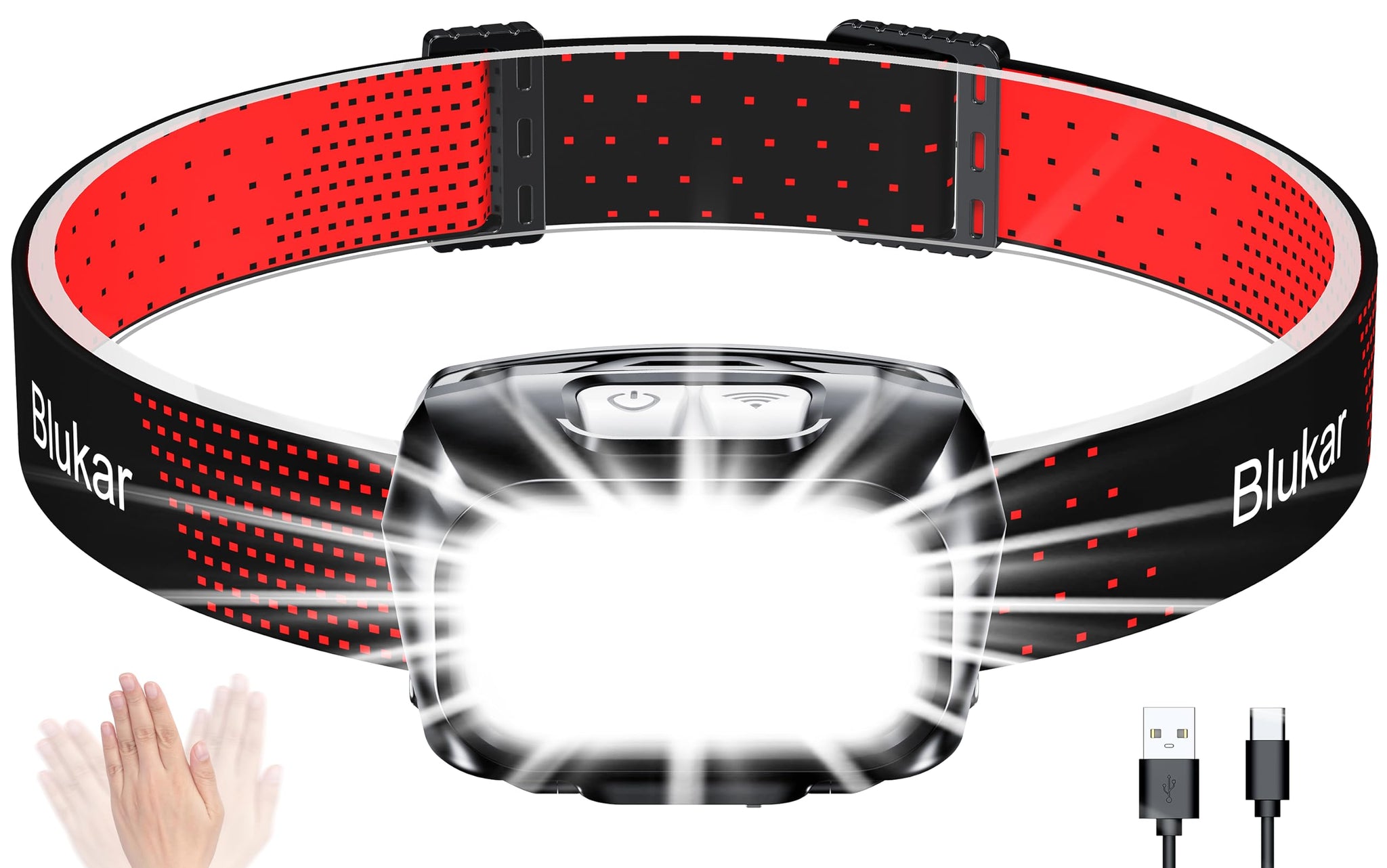 Blukar Waterproof COB Headlamp Rechargeable with Sensor Control & Red
